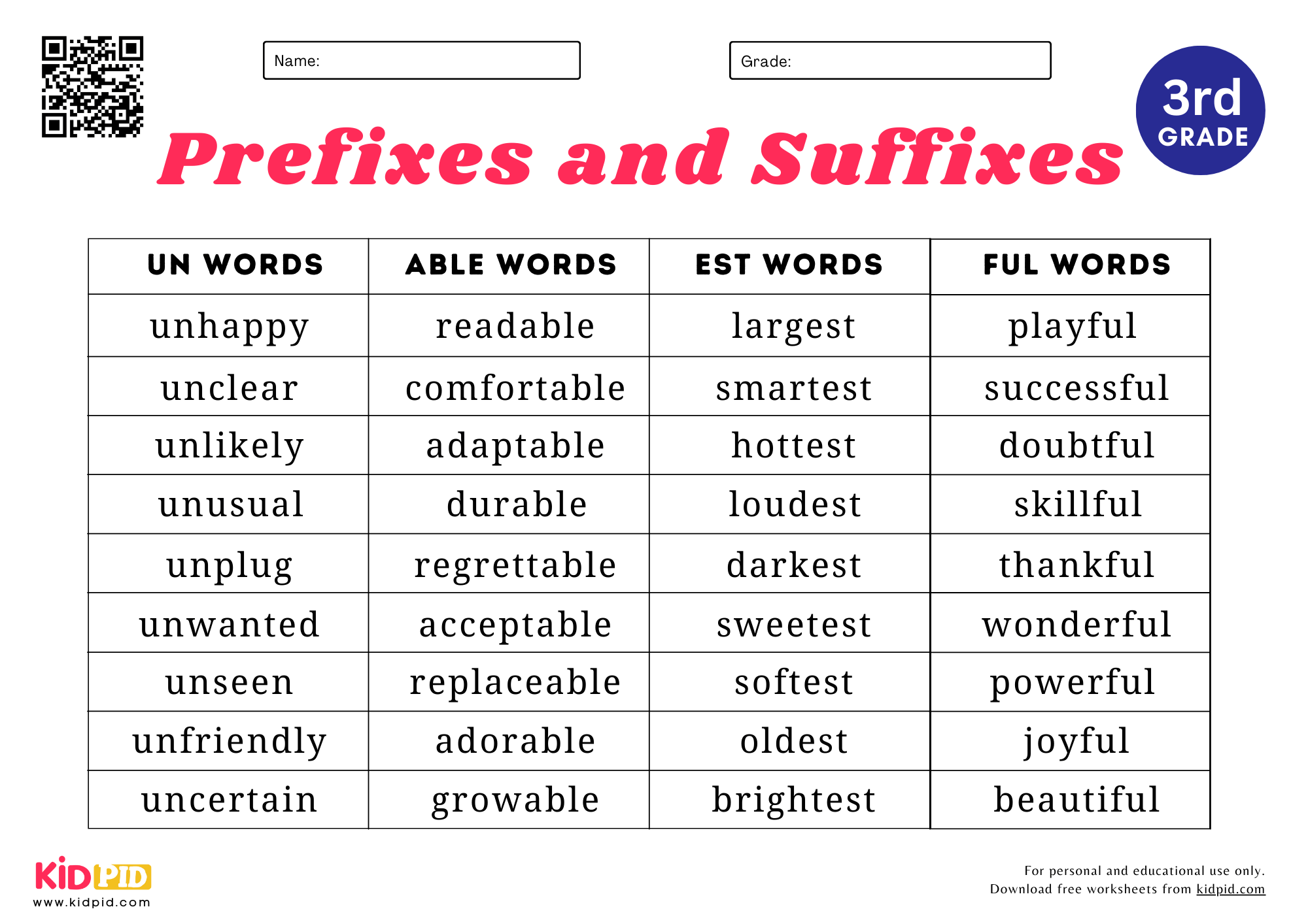 Prefixes & Suffixes Spelling List Worksheet For Grade 3 - Kidpid