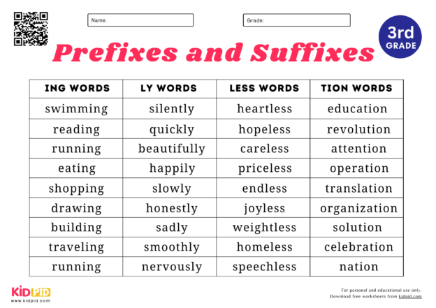 Prefixes & Suffixes Spelling List Worksheet For Grade 3 - Kidpid
