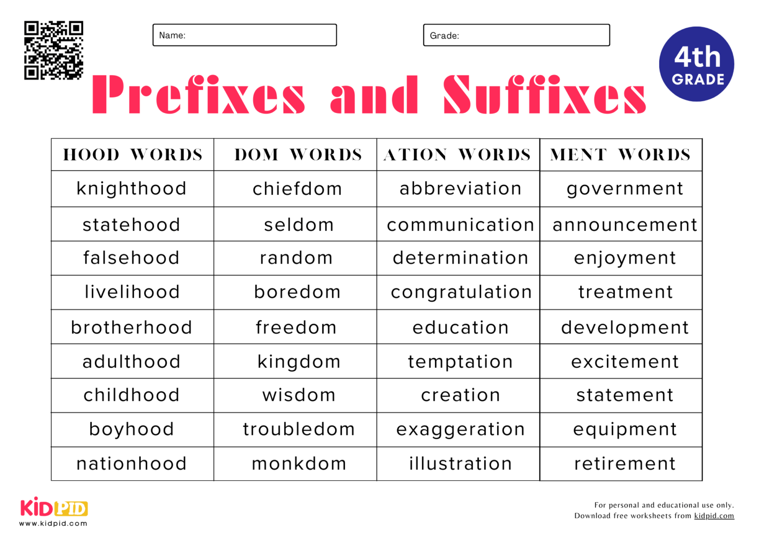 Prefixes & Suffixes Spelling List Worksheet For Grade 4 - Kidpid