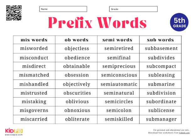 Prefixes Words Spelling List Worksheet For Grade 5 - Kidpid