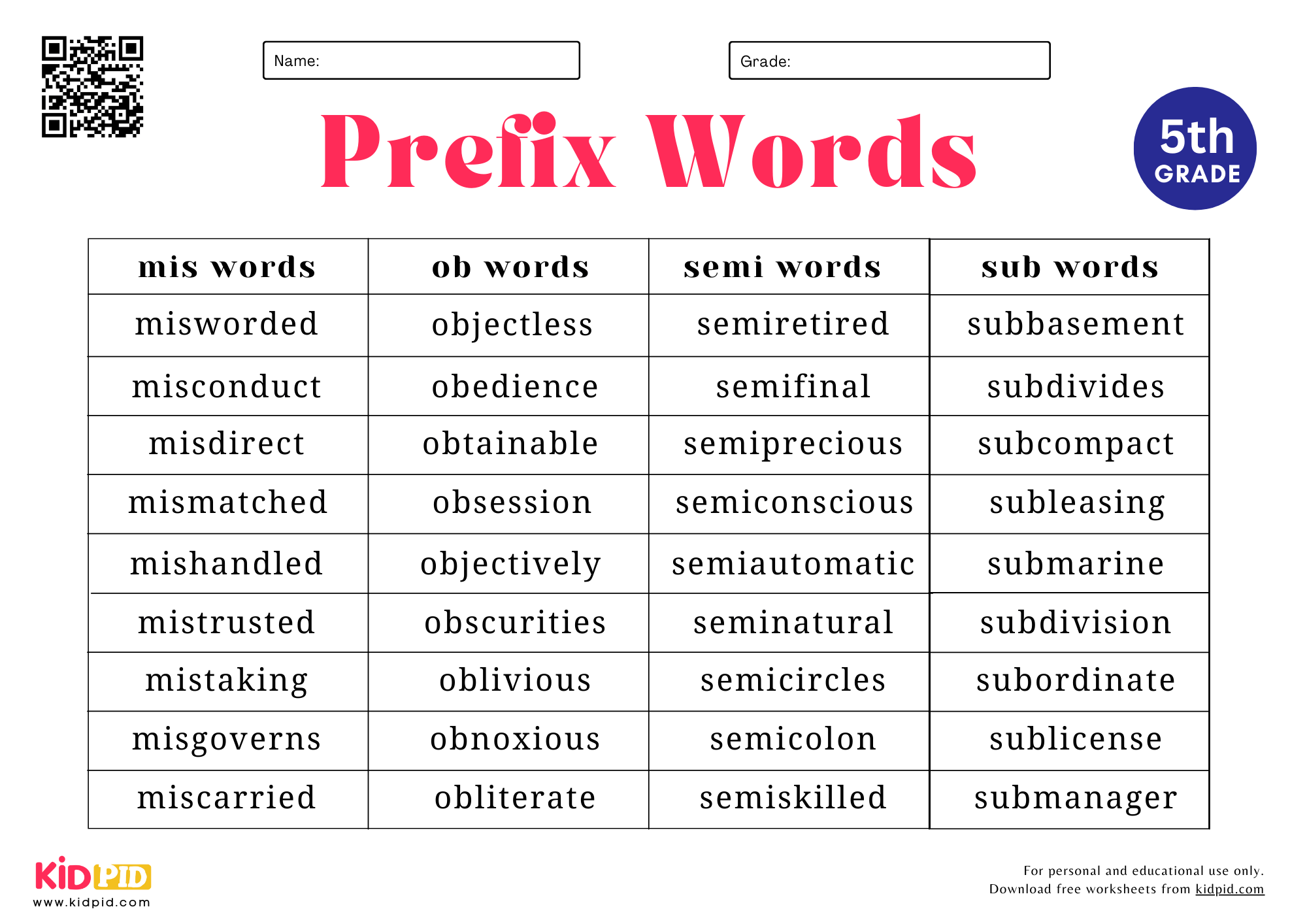 Prefixes Words Spelling List Worksheet For Grade 5 - Kidpid