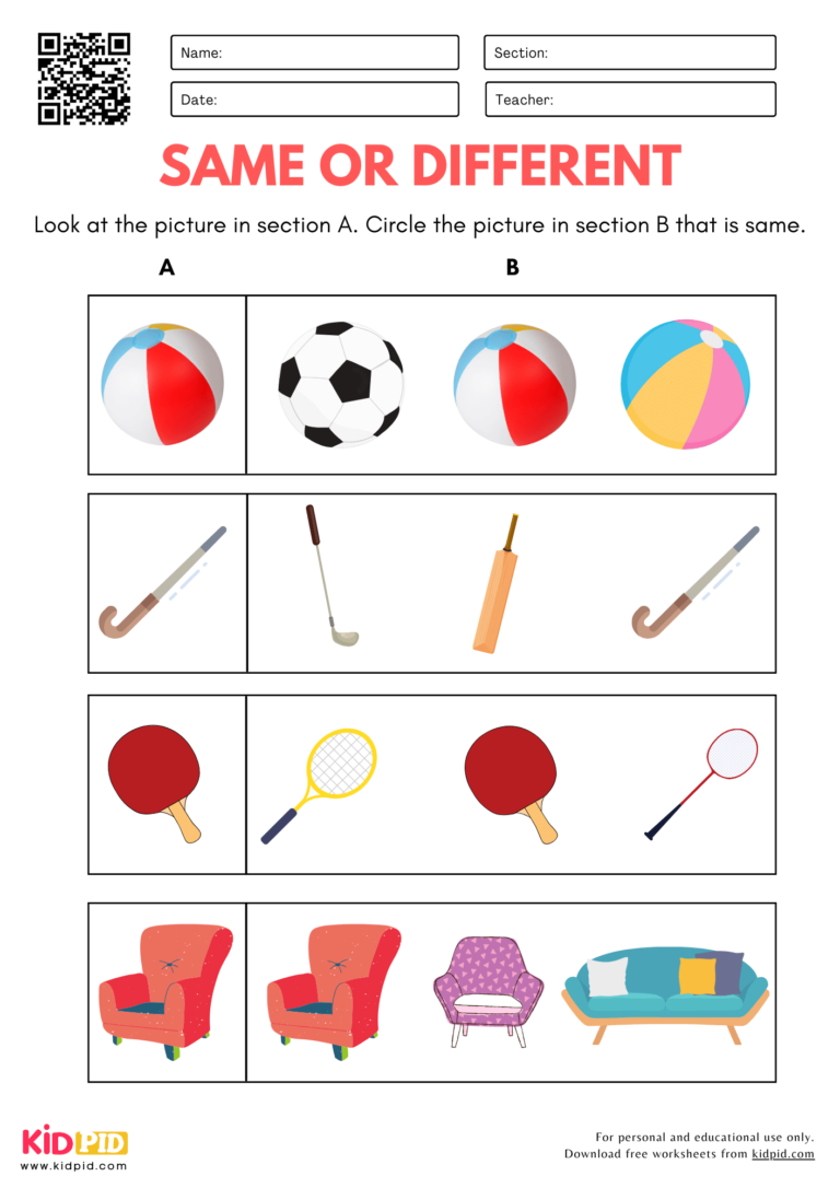 Same or Different Identification Worksheet for Kindergarten - Kidpid