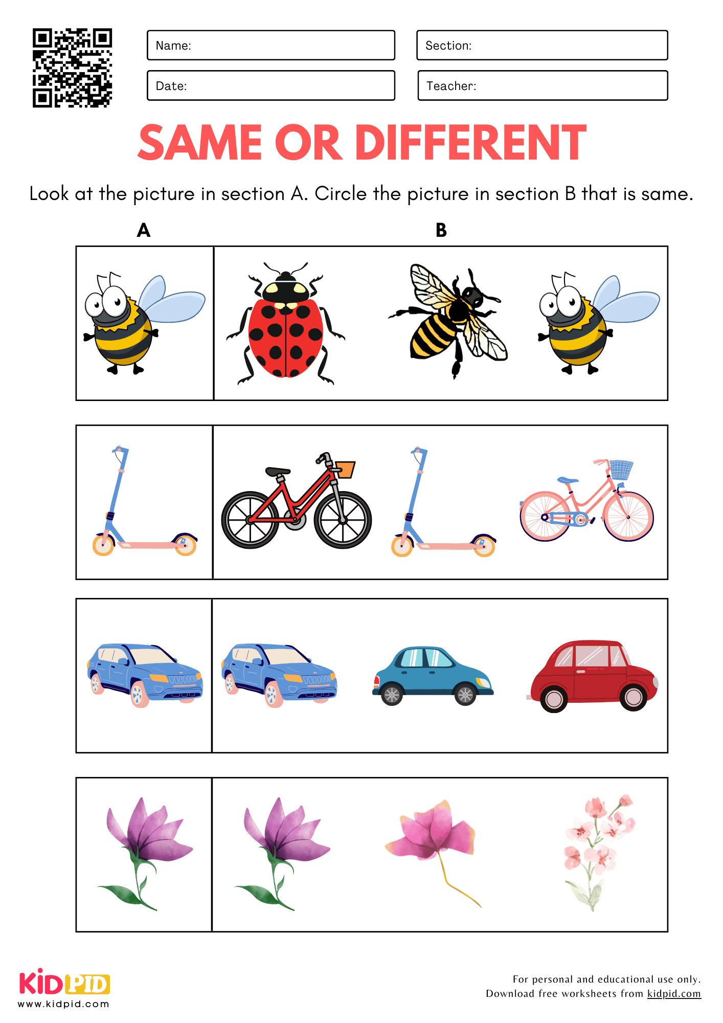 Same or Different Identification Worksheet for Kindergarten - Kidpid