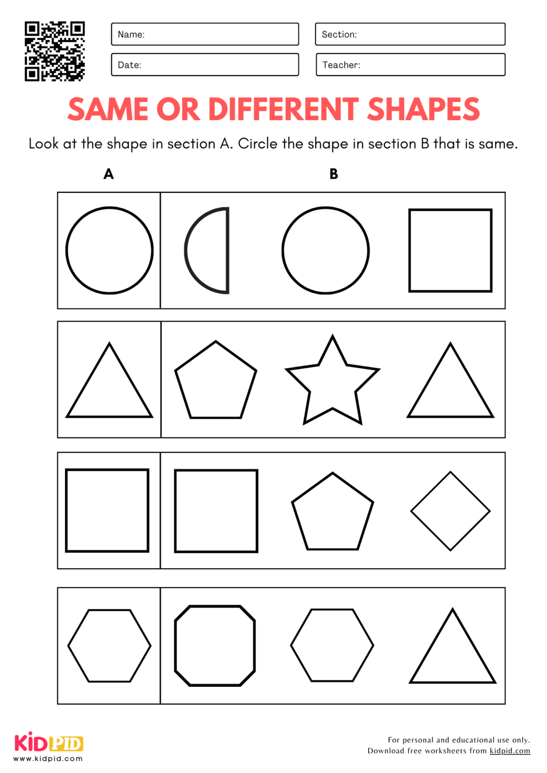 Same or Different Shapes Identification Worksheet for Kindergarten - Kidpid