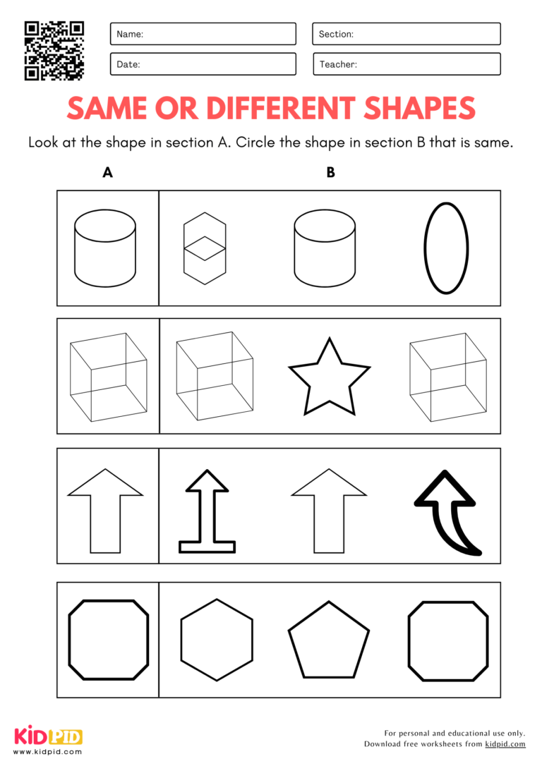 Same or Different Shapes Identification Worksheet for Kindergarten - Kidpid
