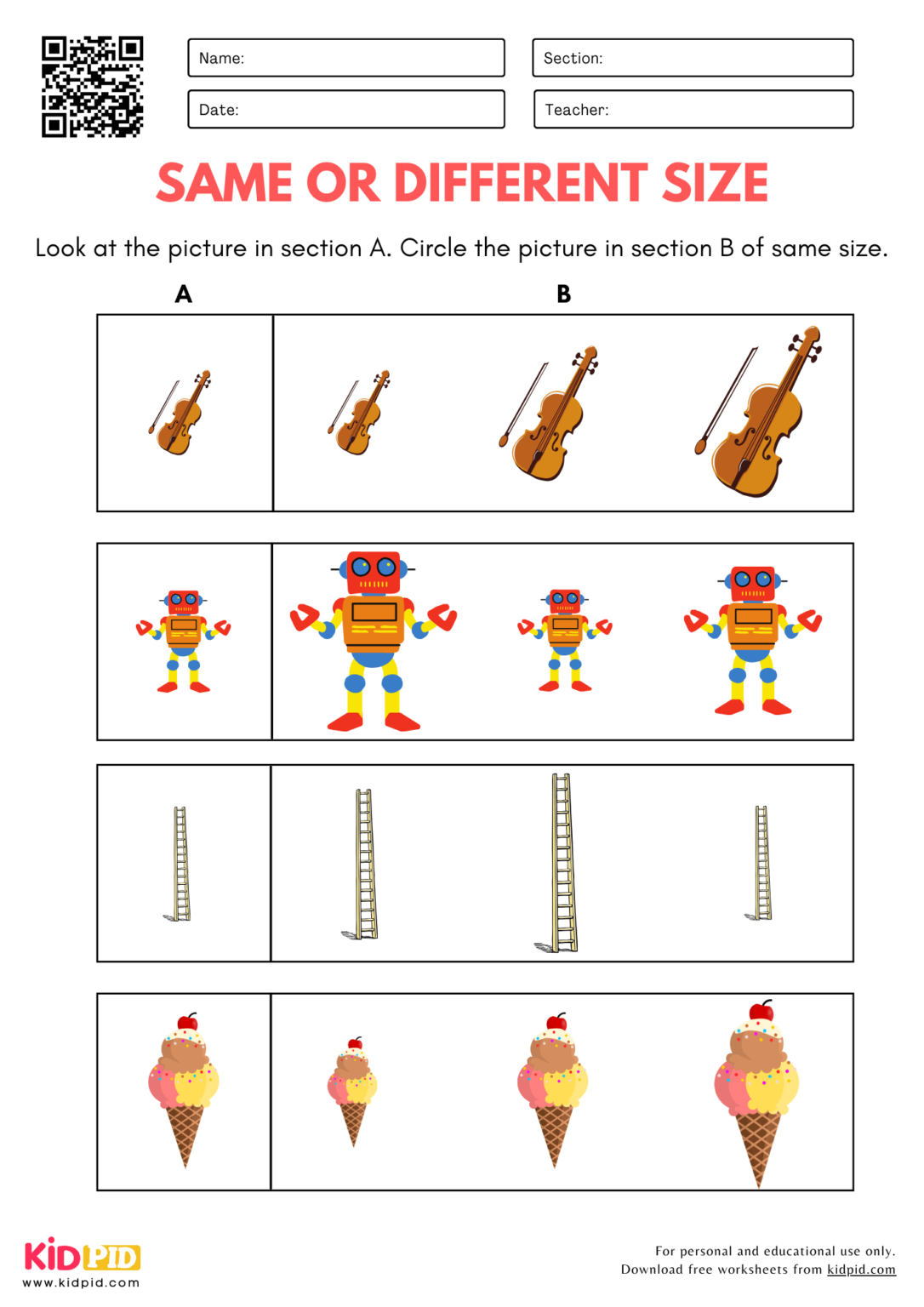 Same or Different Size Comparison Worksheet for Kindergarten - Kidpid