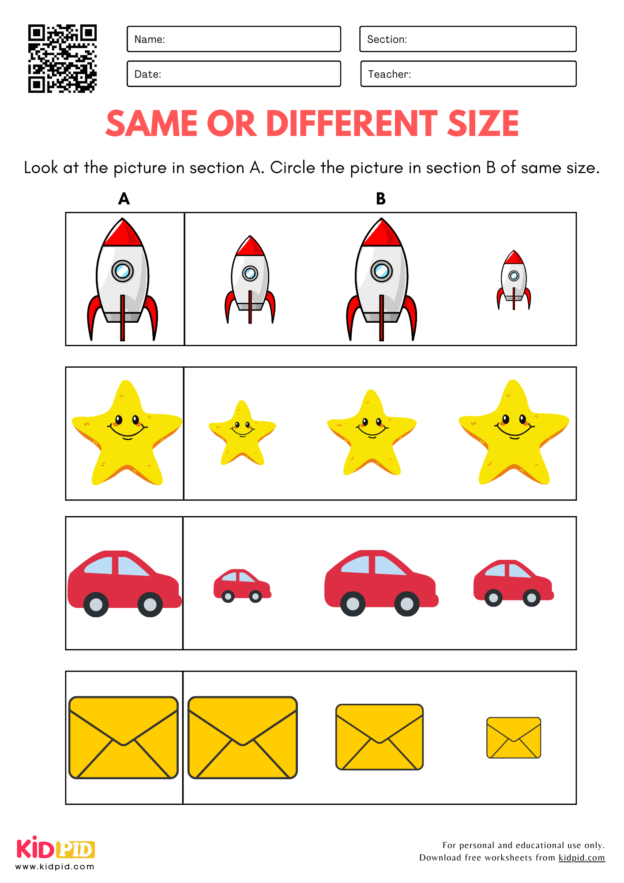 Same or Different Size Comparison Worksheet for Kindergarten - Kidpid