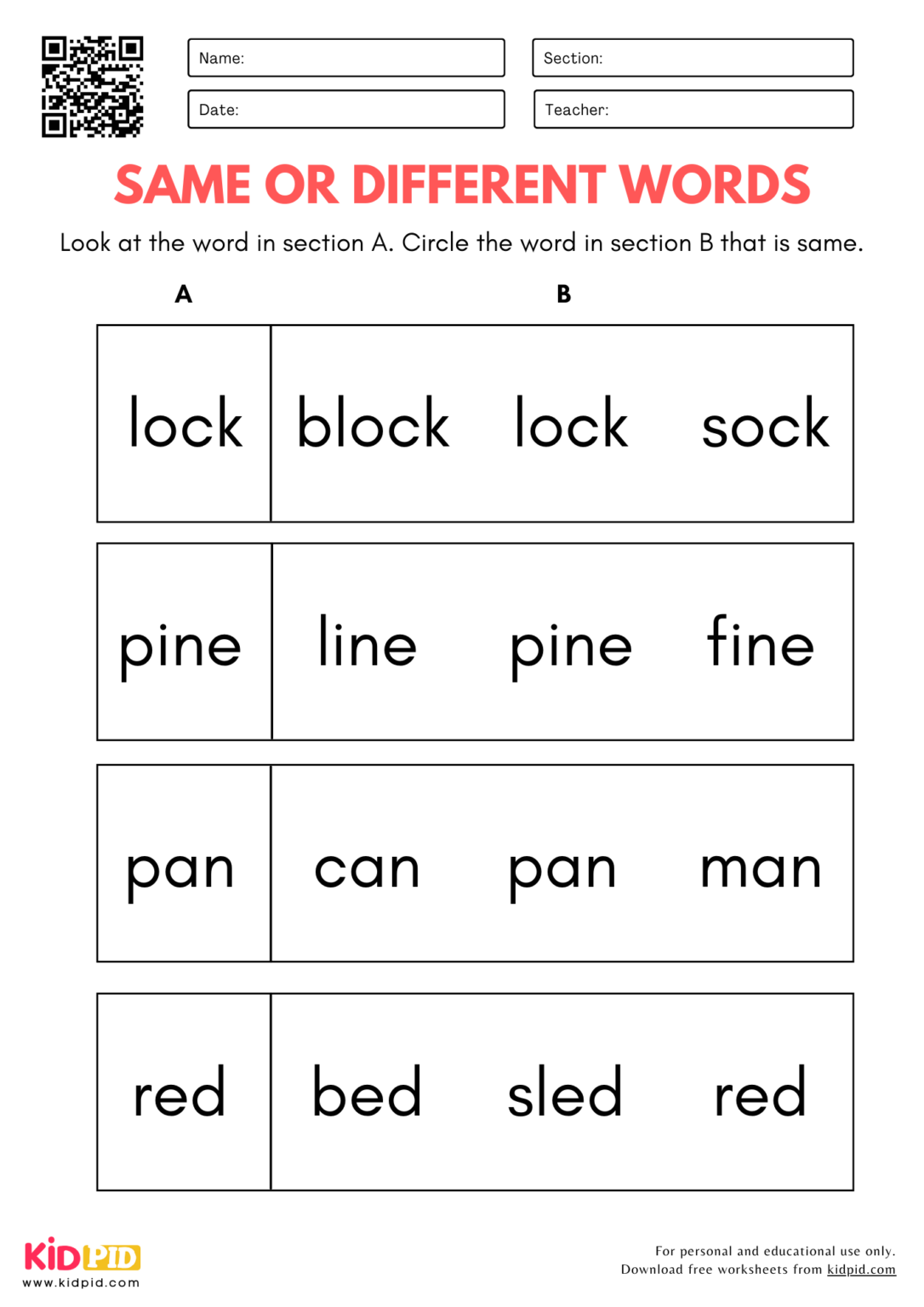 Same or Different Words Identification Worksheet for Kindergarten - Kidpid
