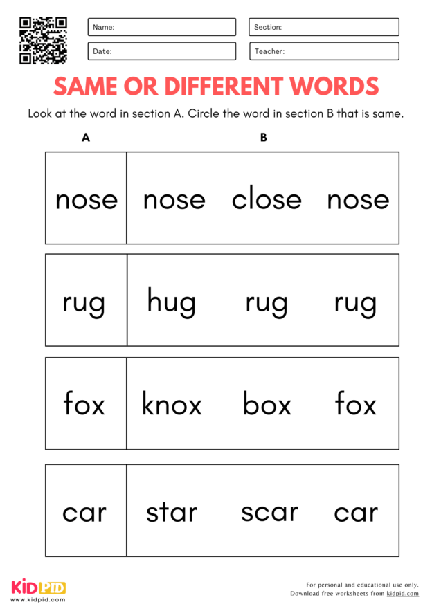 Same or Different Words Identification Worksheet for Kindergarten - Kidpid