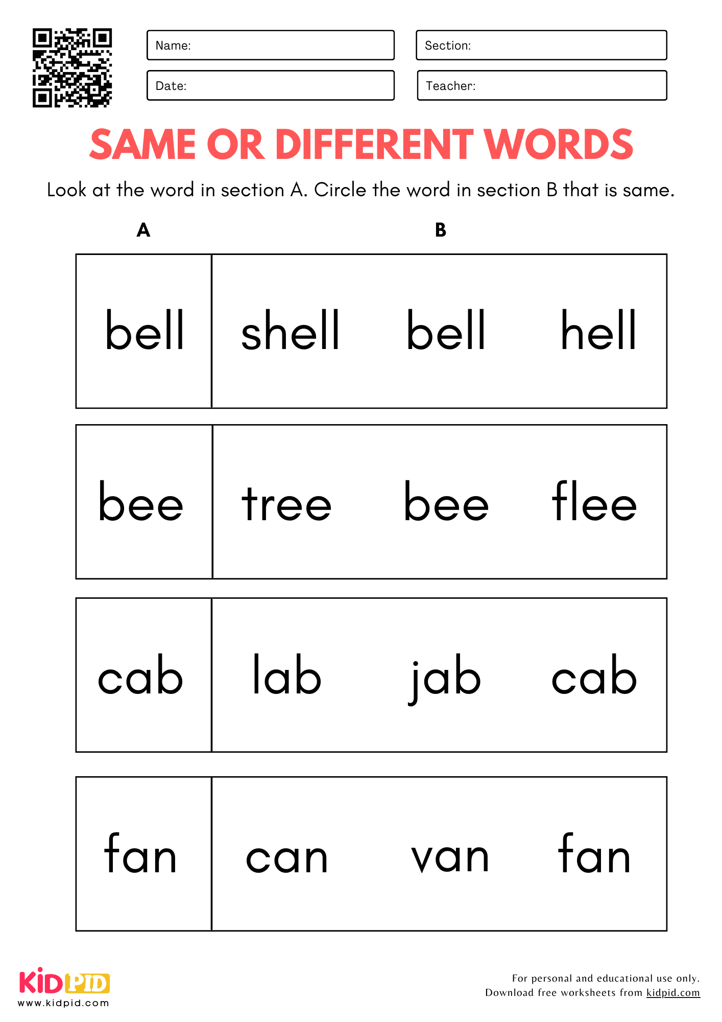 Same or Different Words Identification Worksheet for Kindergarten - Kidpid