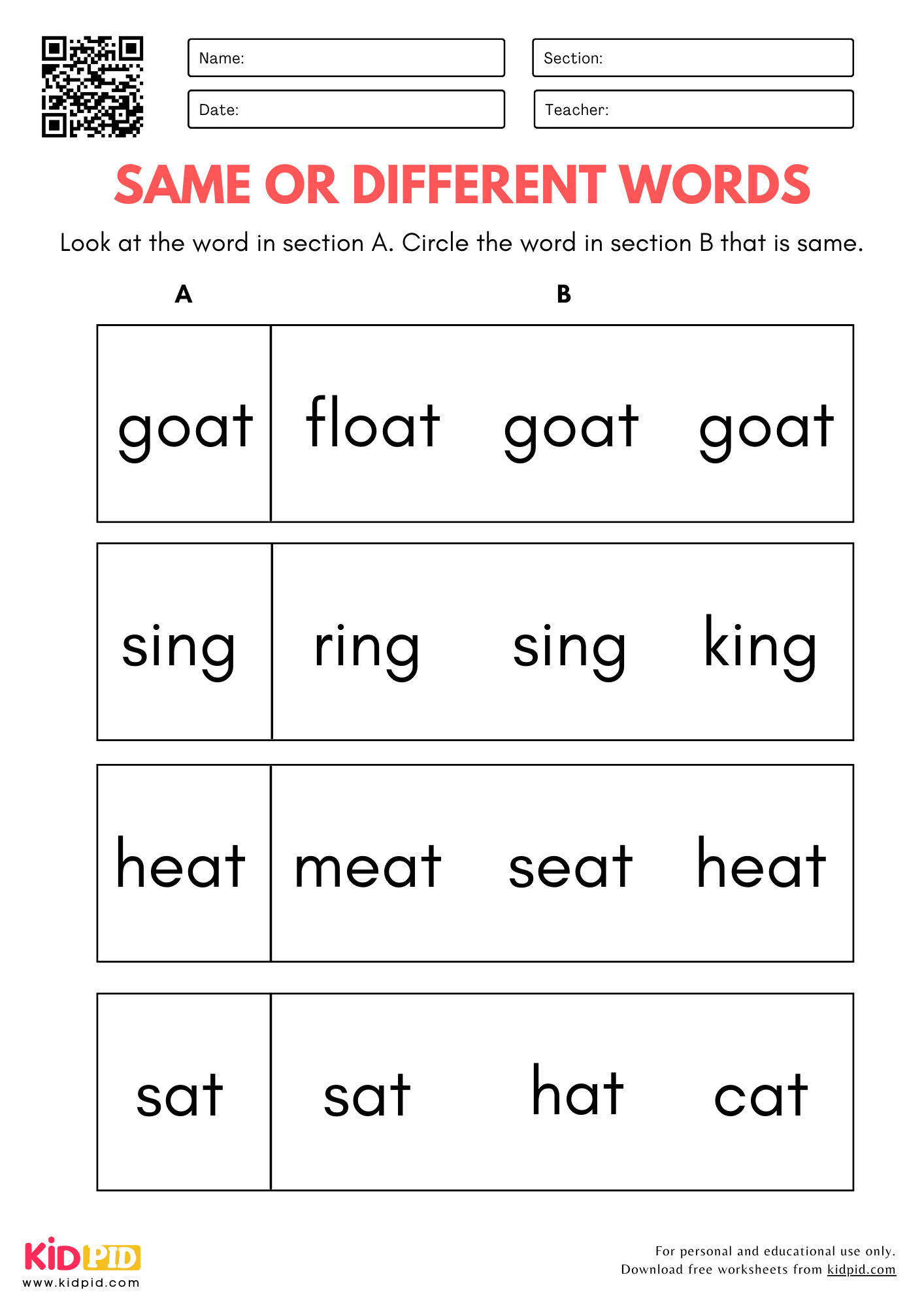 Same or Different Words Identification Worksheet for Kindergarten - Kidpid