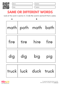 Same or Different Words Identification Worksheet for Kindergarten - Kidpid