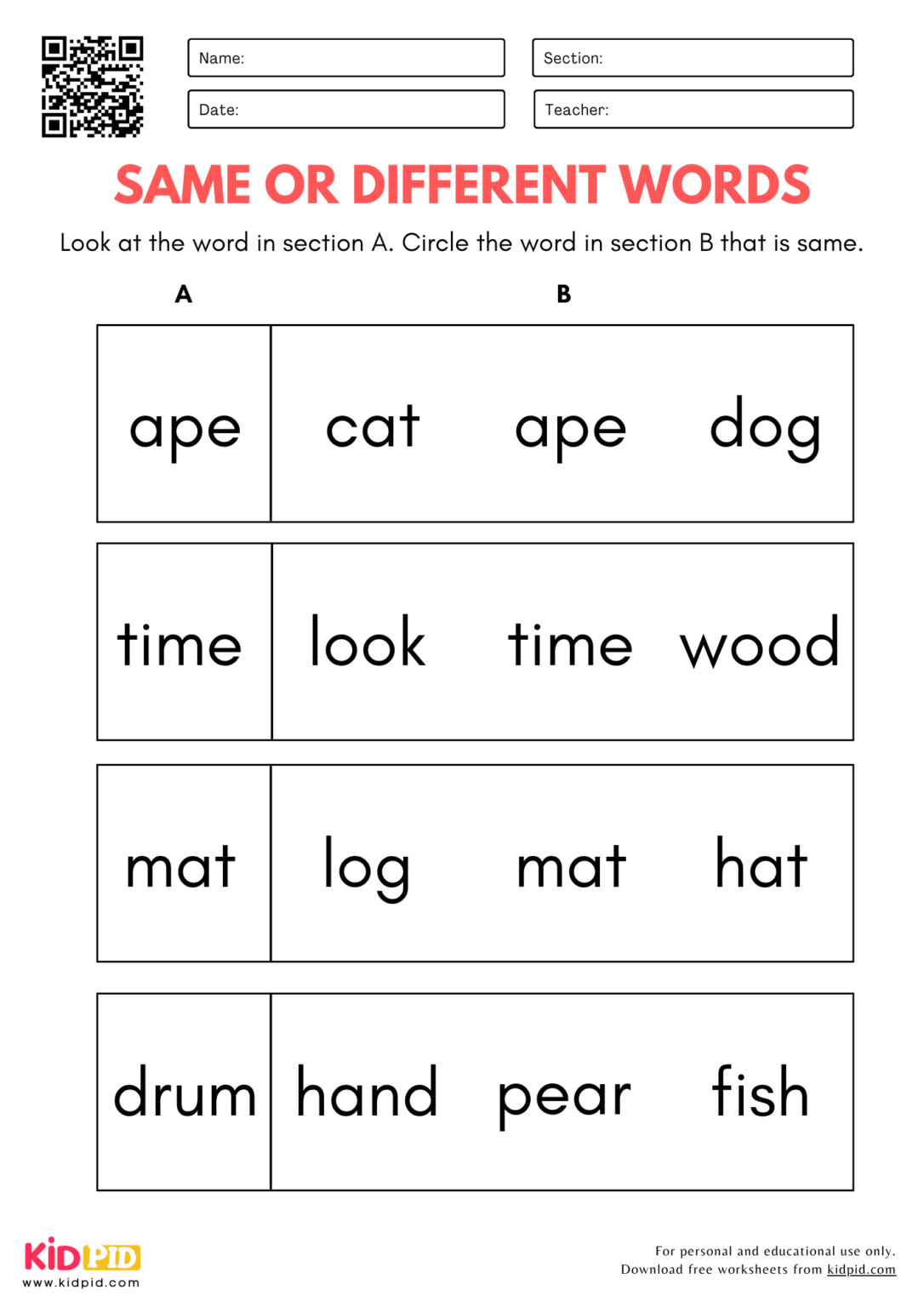 Same or Different Words Identification Worksheet for Kindergarten - Kidpid