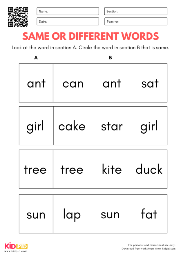 Same or Different Words Identification Worksheet for Kindergarten - Kidpid