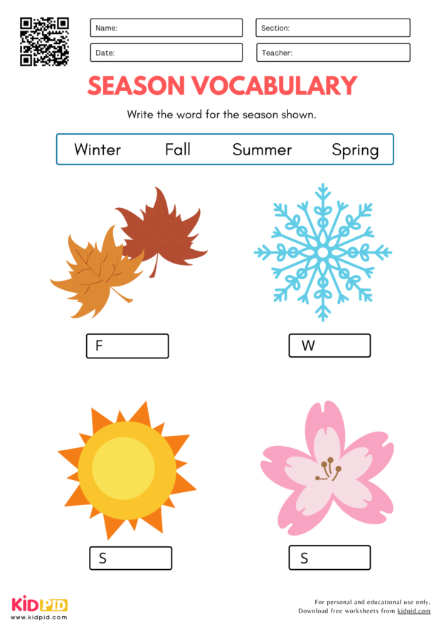 Season Words Practice Worksheet for Kindergarten - Kidpid