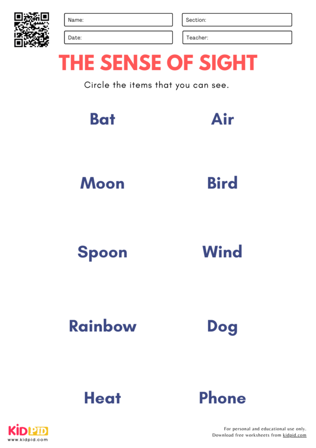 Senses Identification Worksheet for Kindergarten - Kidpid