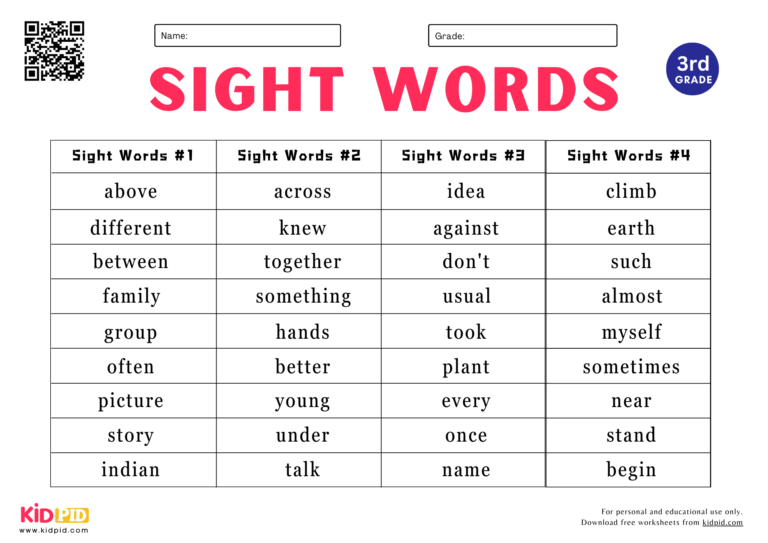 Sight Words Spelling List Worksheet For Grade 3 - Kidpid