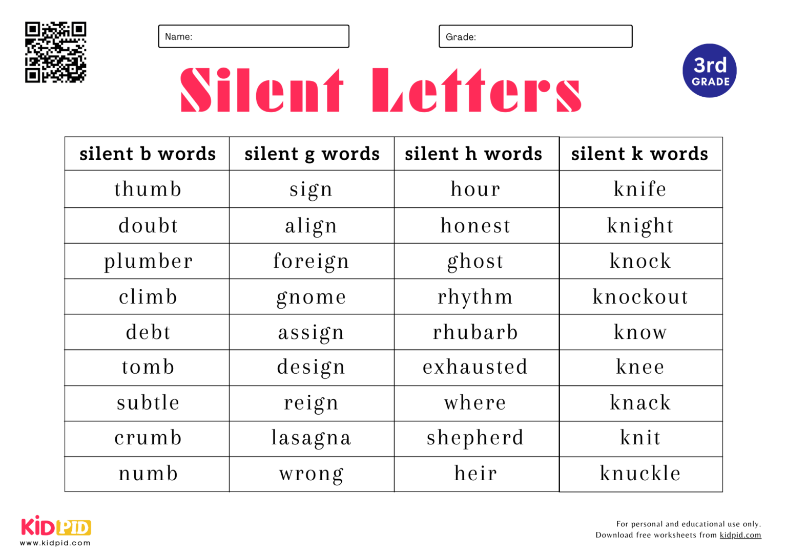 Silent Letters Spelling List Worksheet For Grade 3 - Kidpid