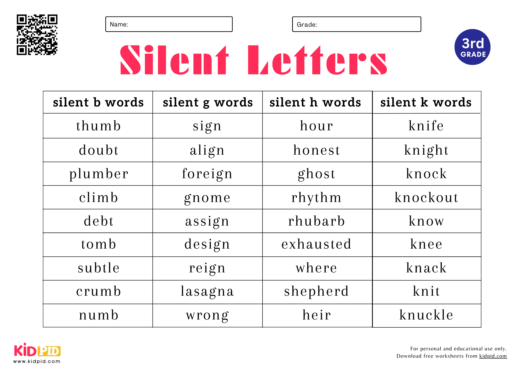 Silent Letters Spelling List Worksheet For Grade 3 - Kidpid