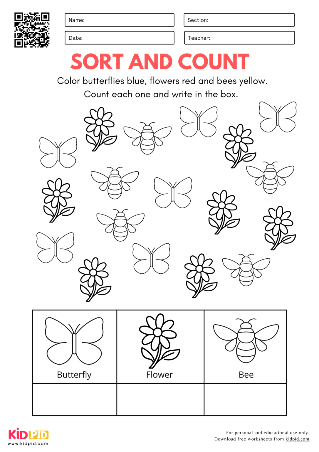 Sort, Color & Count Worksheet for Kindergarten - Kidpid