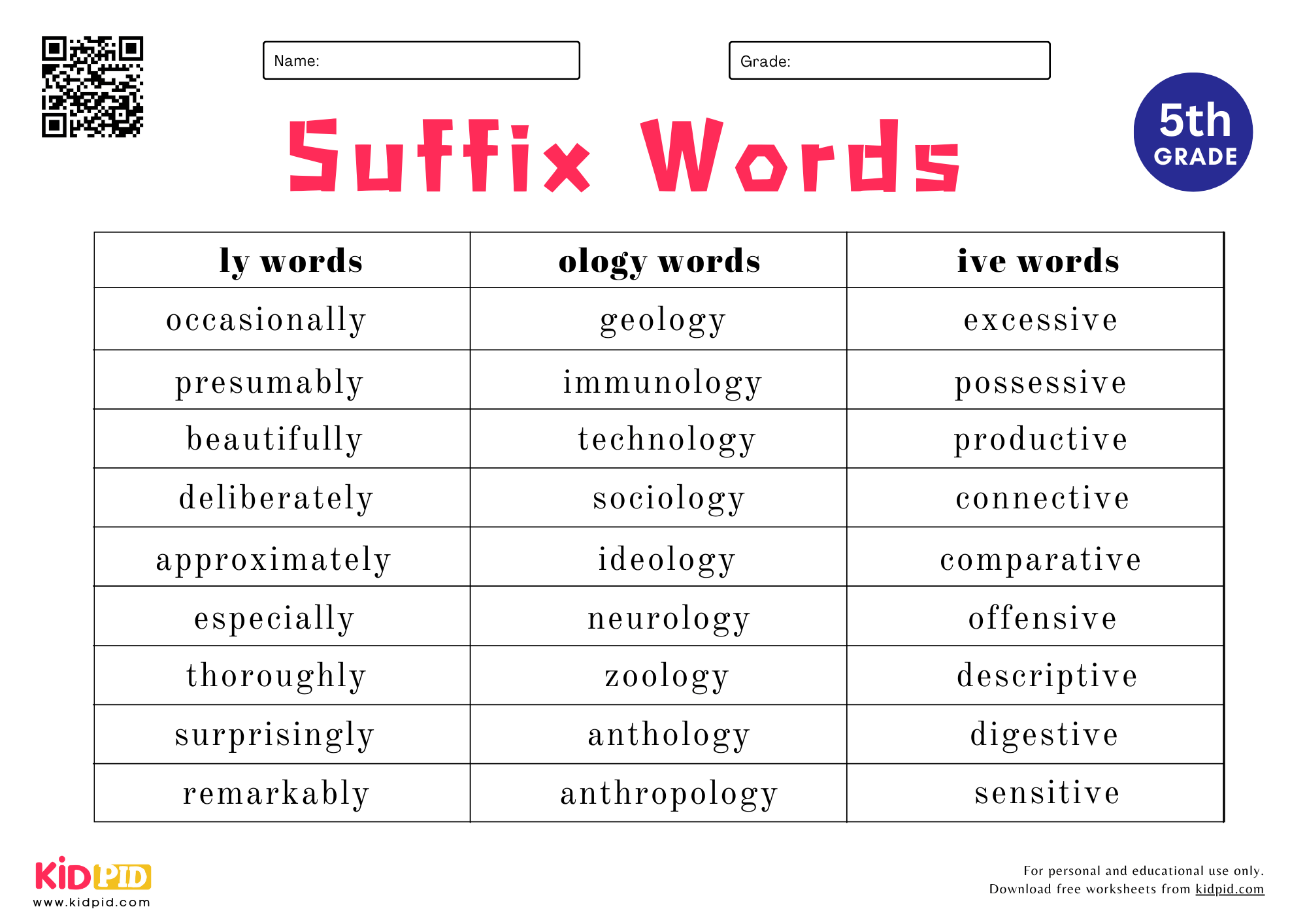 Suffix Words Spelling List Worksheet For Grade 5 - Kidpid
