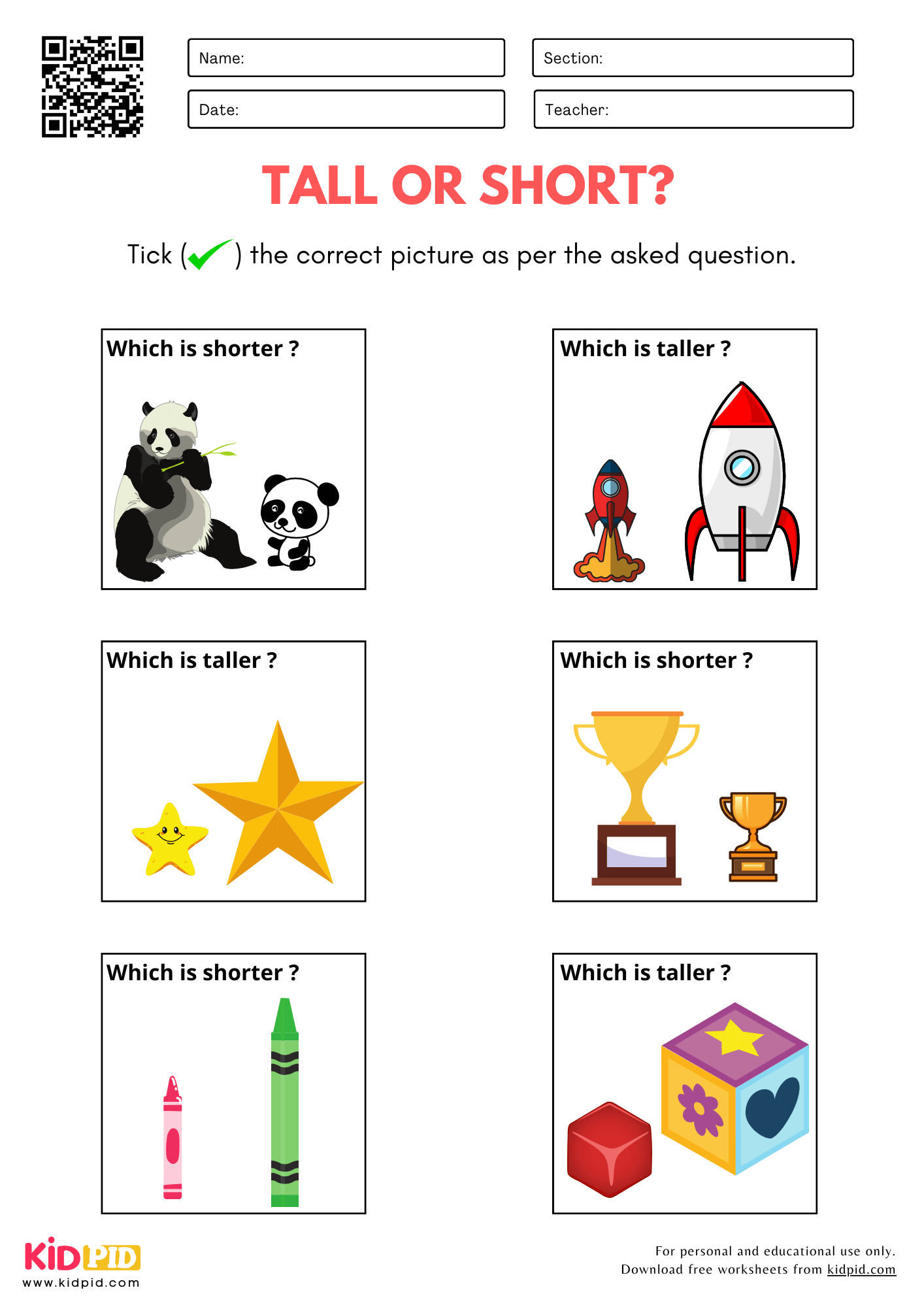 Tall or Short Size Comparison Worksheet for Kindergarten - Kidpid
