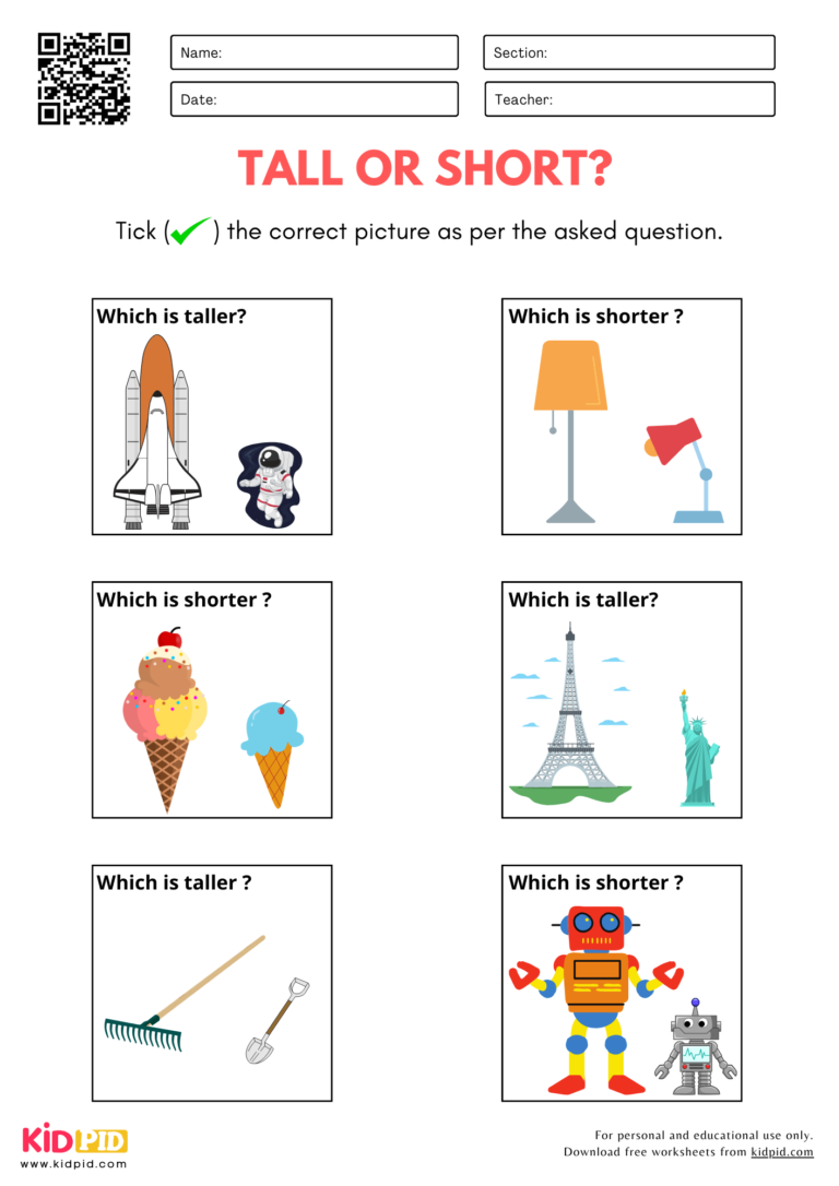 Tall or Short Size Comparison Worksheet for Kindergarten - Kidpid