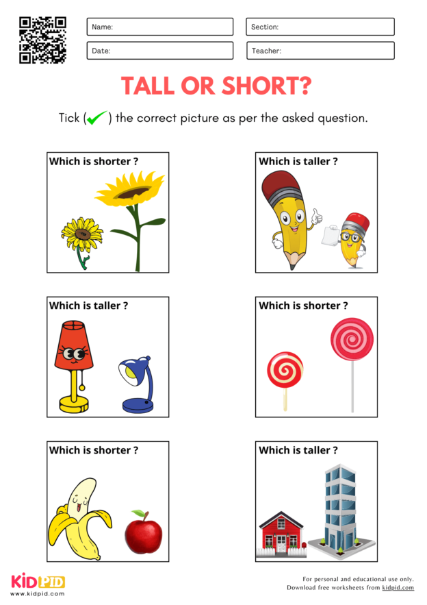 Tall or Short Size Comparison Worksheet for Kindergarten - Kidpid