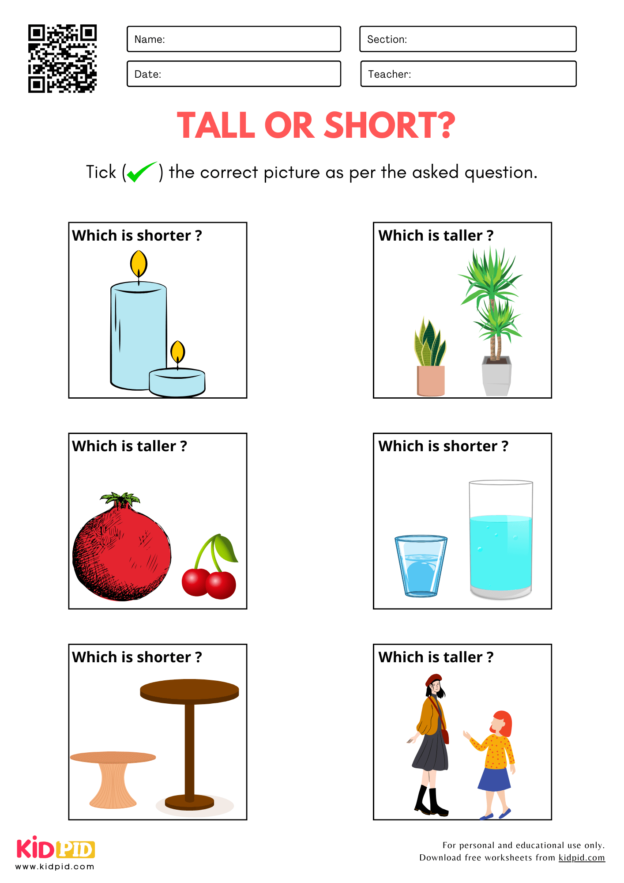 Tall or Short Size Comparison Worksheet for Kindergarten - Kidpid