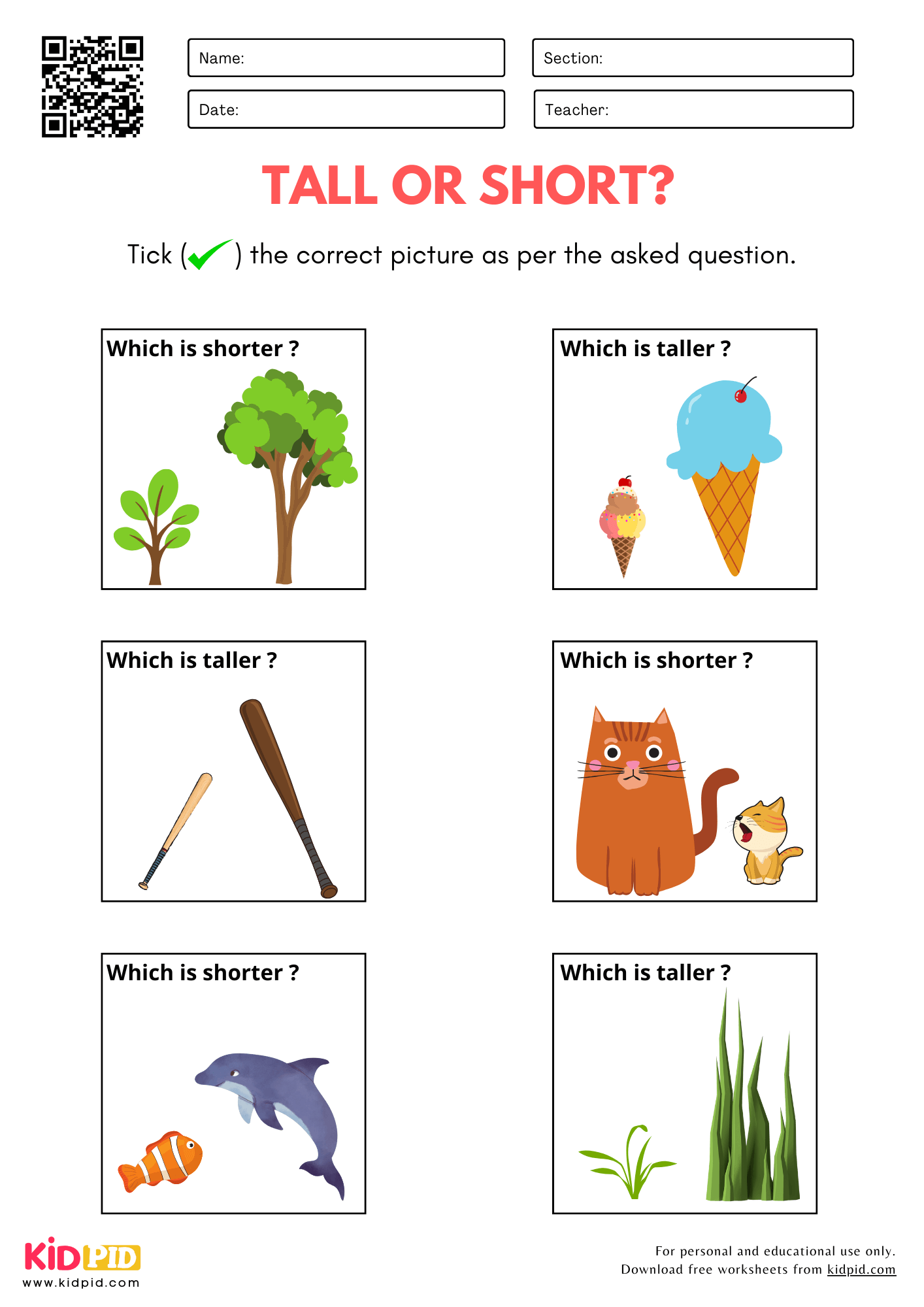 Tall or Short Size Comparison Worksheet for Kindergarten - Kidpid