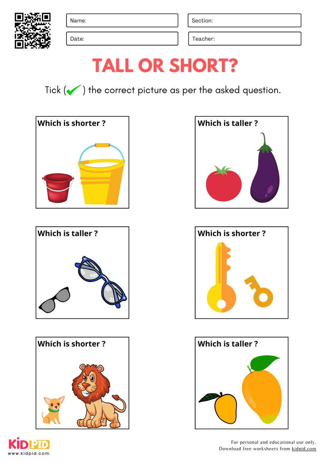 Tall or Short Size Comparison Worksheet for Kindergarten - Kidpid