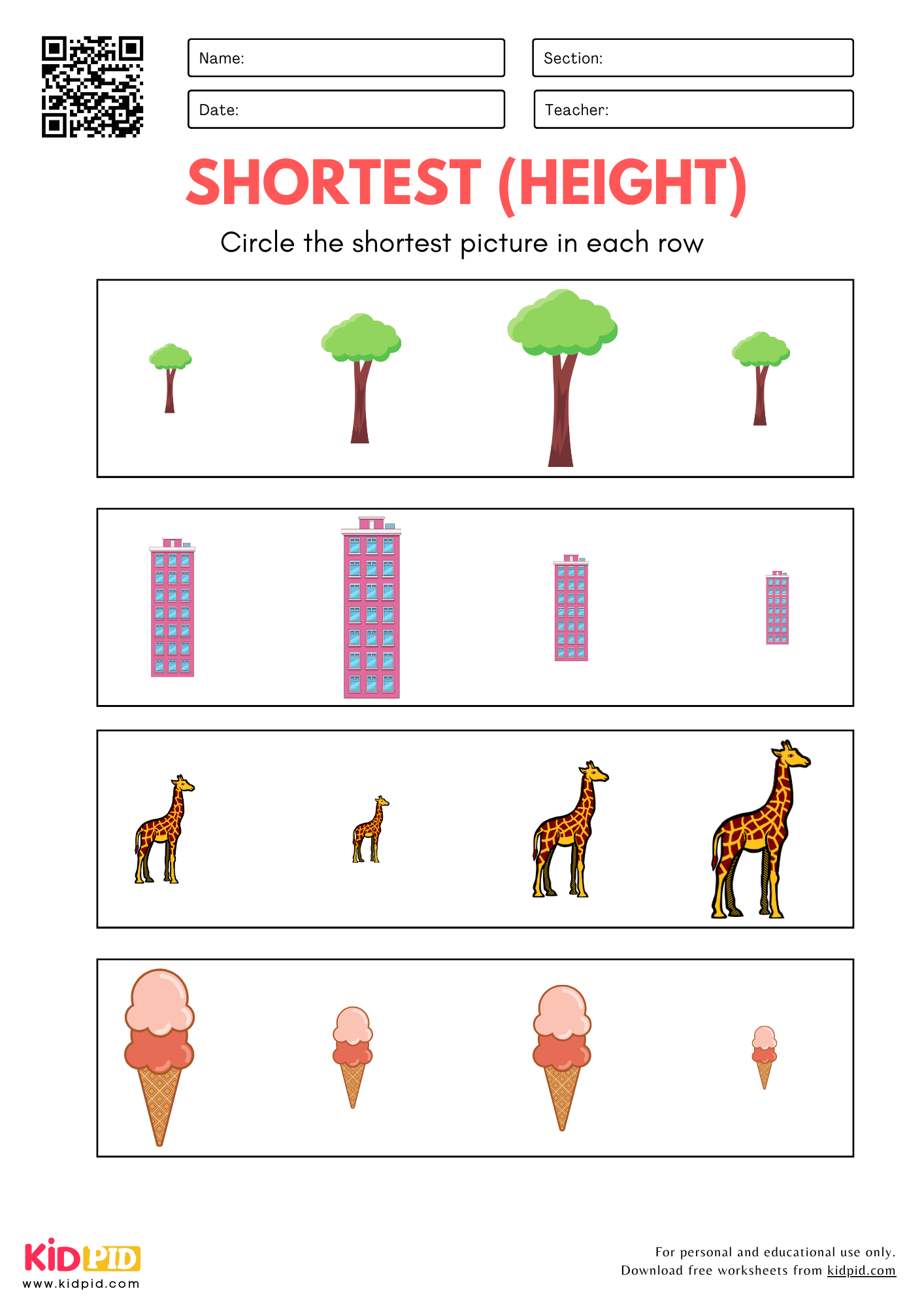 Tallest and Shortest Size Comparison Worksheet for Kindergarten - Kidpid