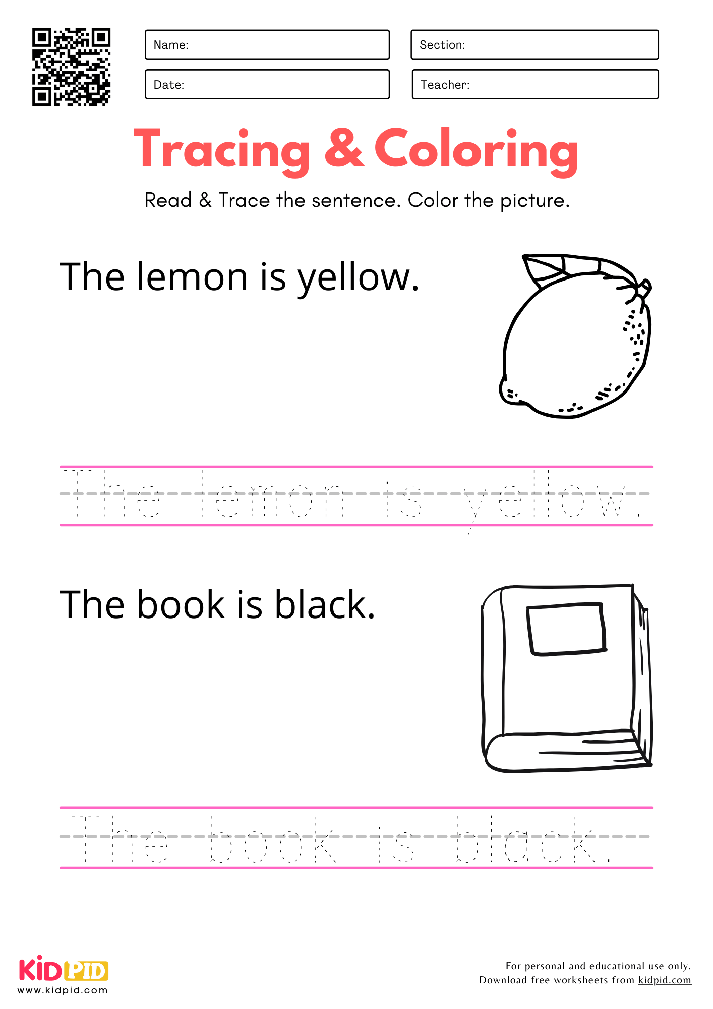 Tracing and Coloring Worksheet for Kindergarten - Kidpid