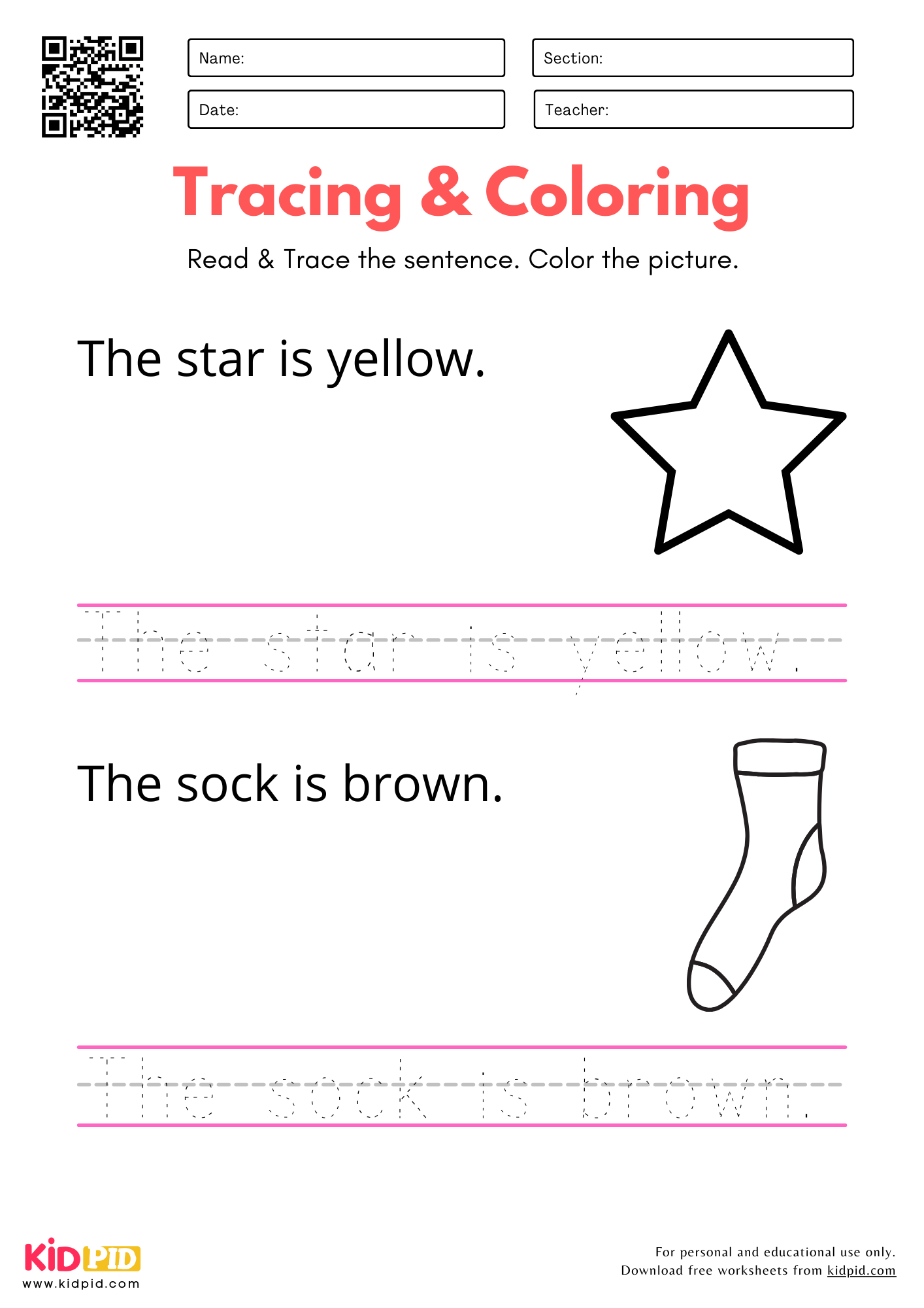 Tracing and Coloring Worksheet for Kindergarten - Kidpid