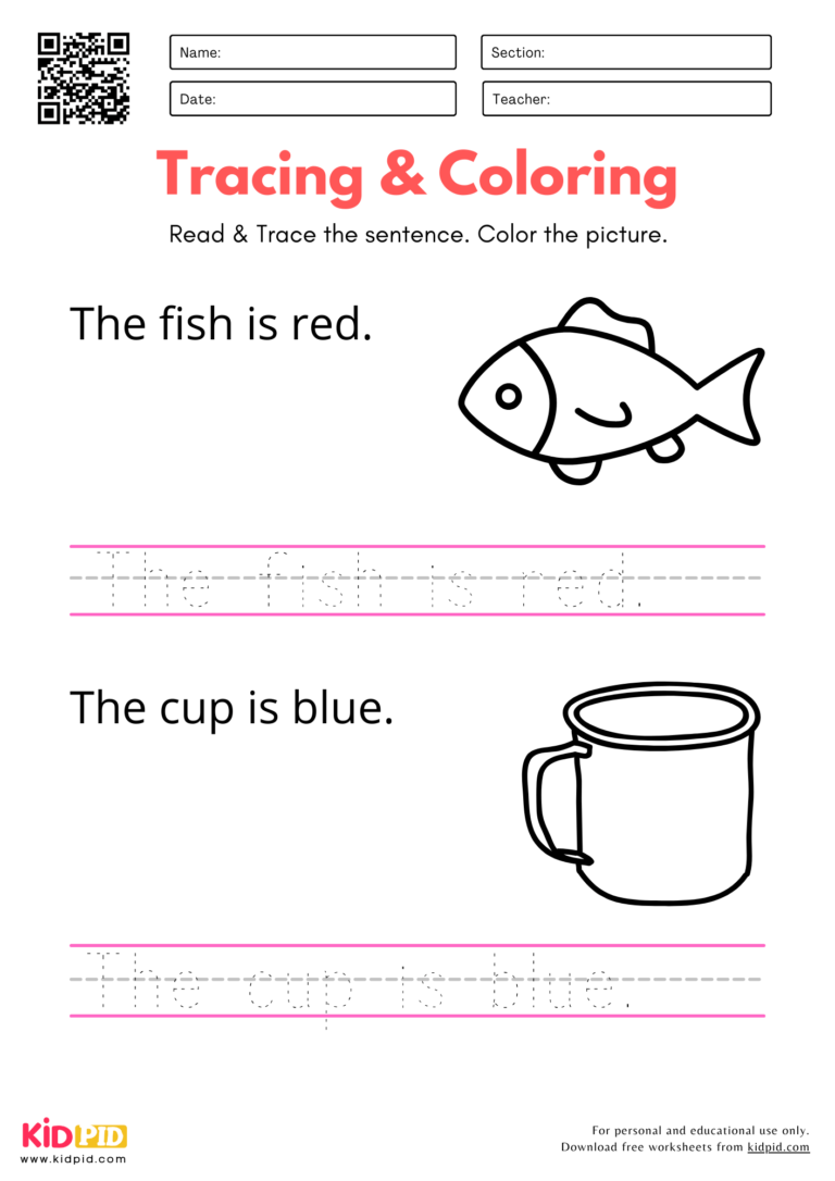 Tracing and Coloring Worksheet for Kindergarten - Kidpid
