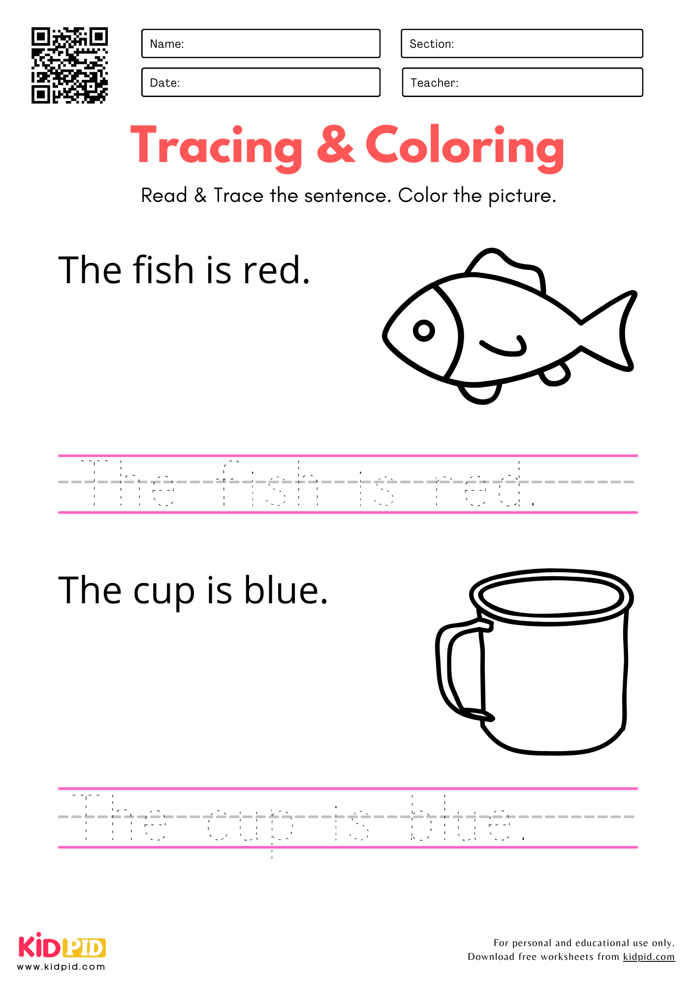 Tracing and Coloring Worksheet for Kindergarten - Kidpid