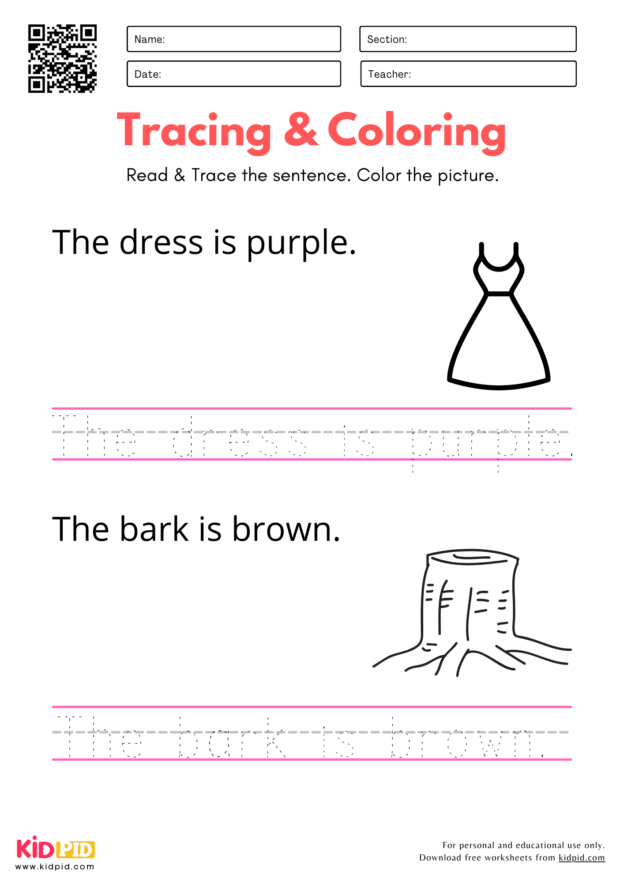 Tracing and Coloring Worksheet for Kindergarten - Kidpid