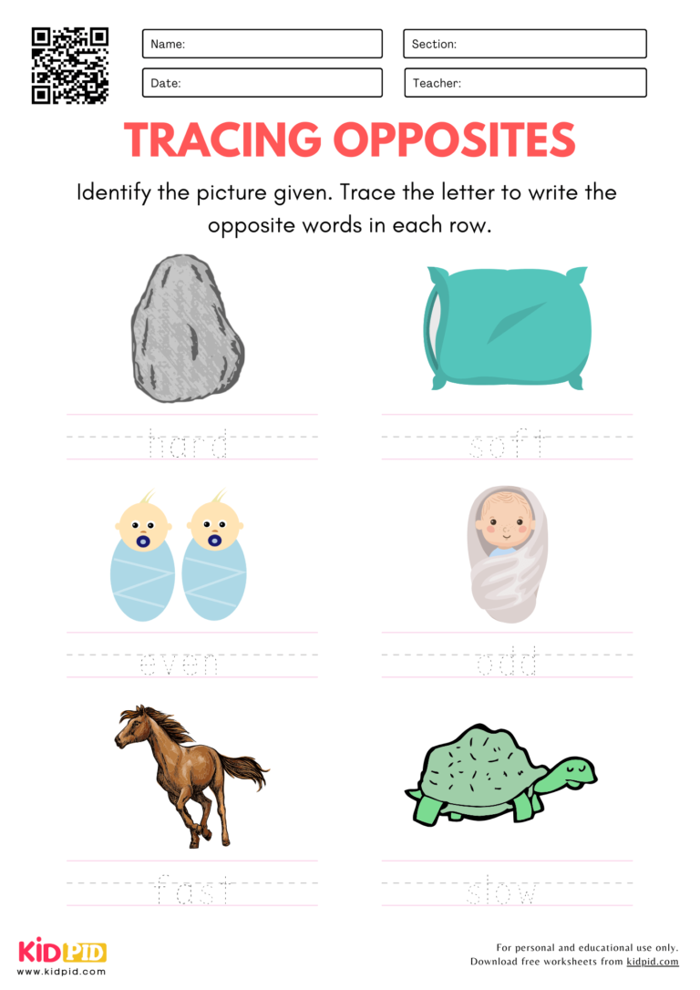 Tracing Opposite Words Worksheets for Kindergarten - Kidpid