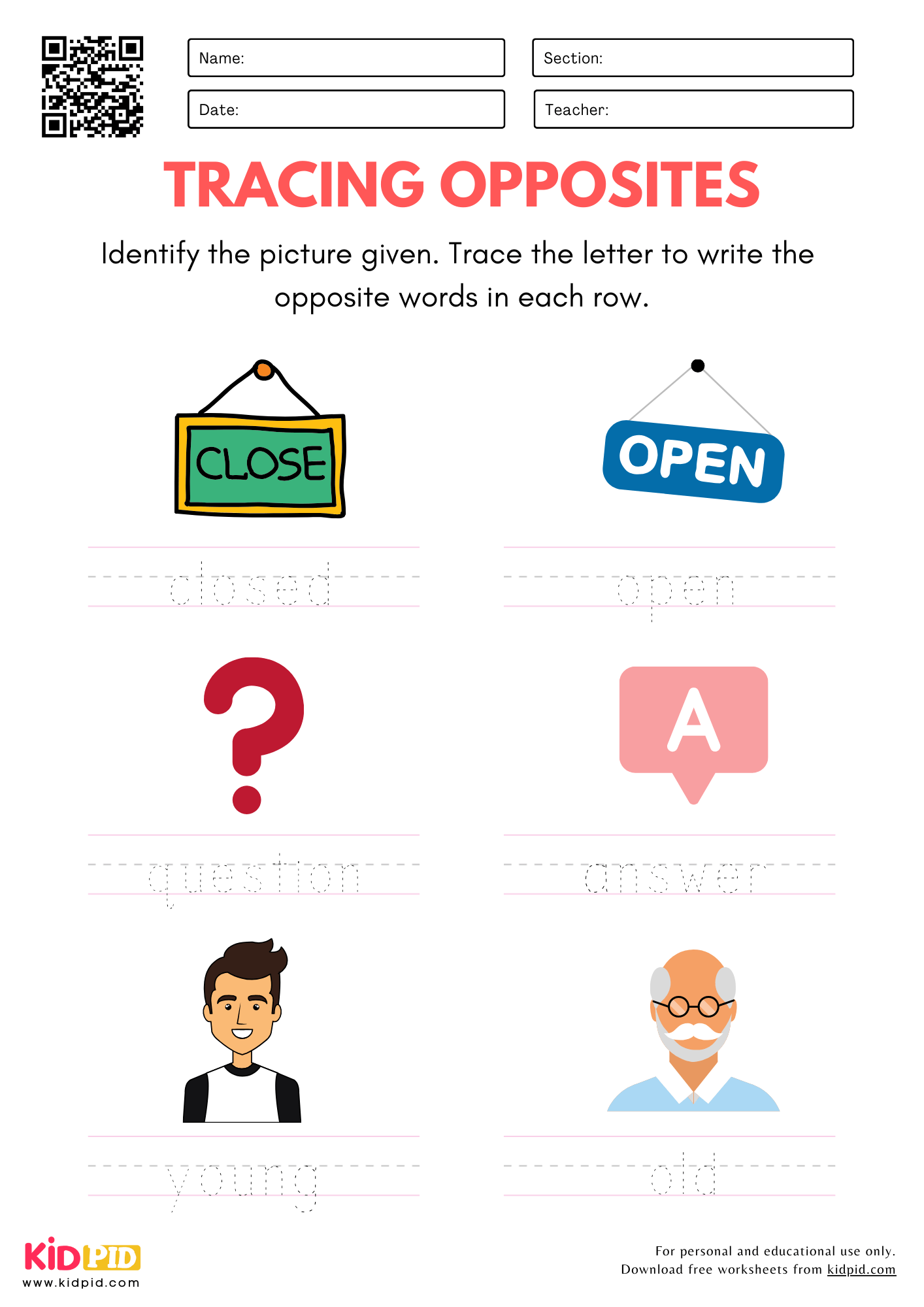 Tracing Opposite Words Worksheets for Kindergarten - Kidpid