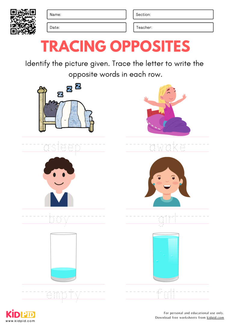 Tracing Opposite Words Worksheets for Kindergarten - Kidpid