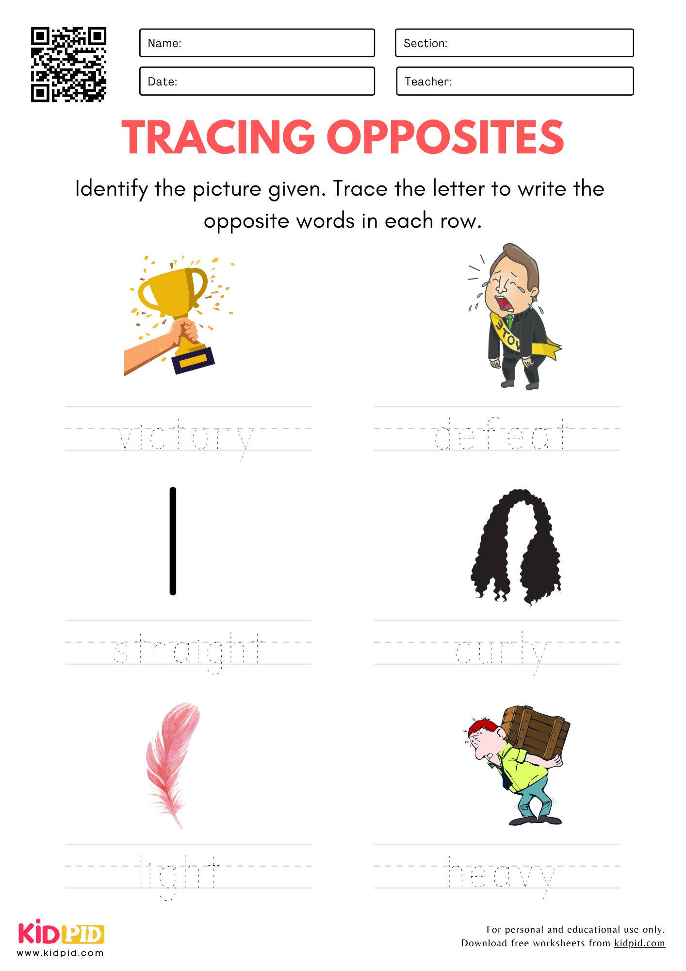 Tracing Opposite Words Worksheets for Kindergarten - Kidpid