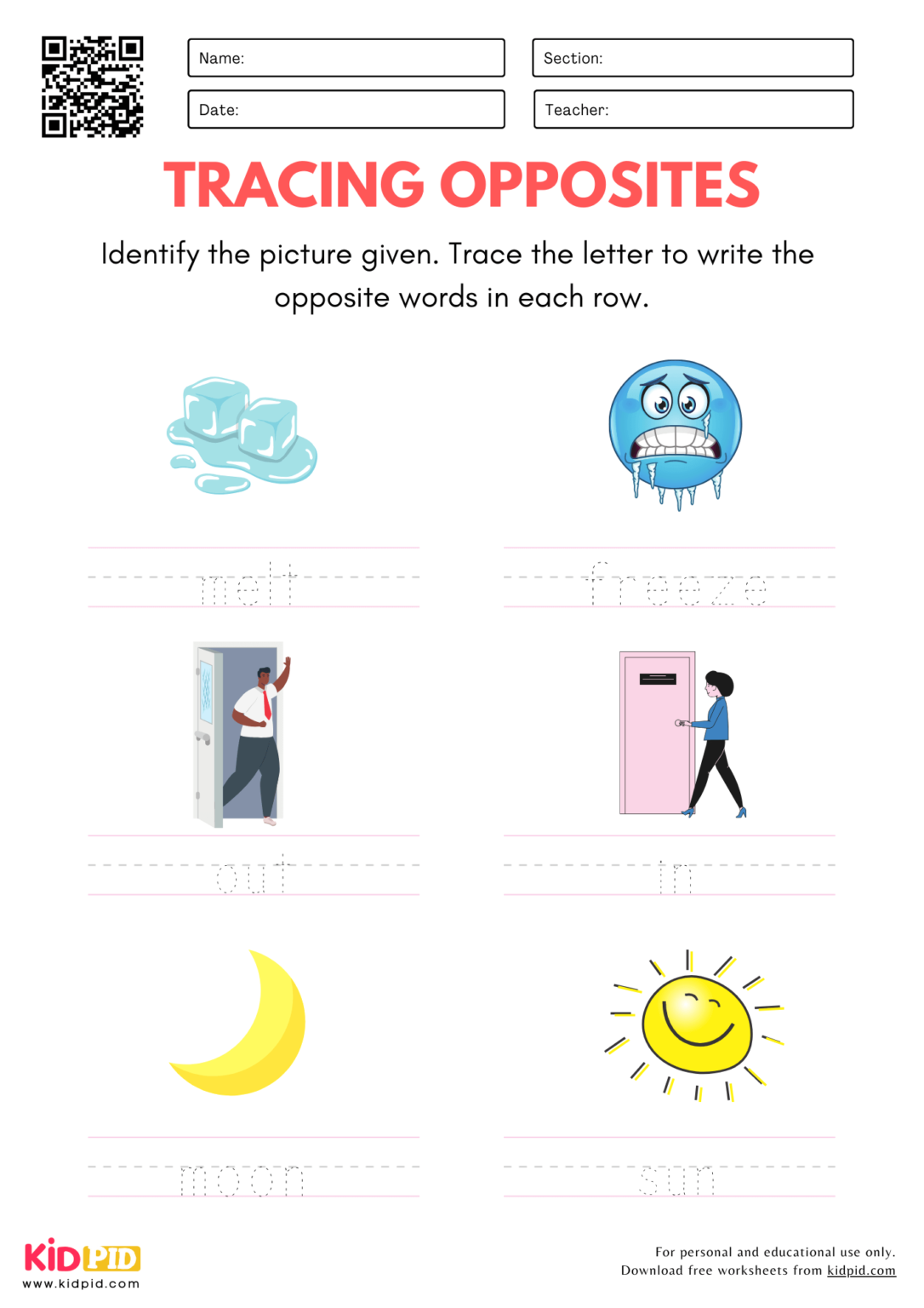 Tracing Opposite Words Worksheets for Kindergarten - Kidpid