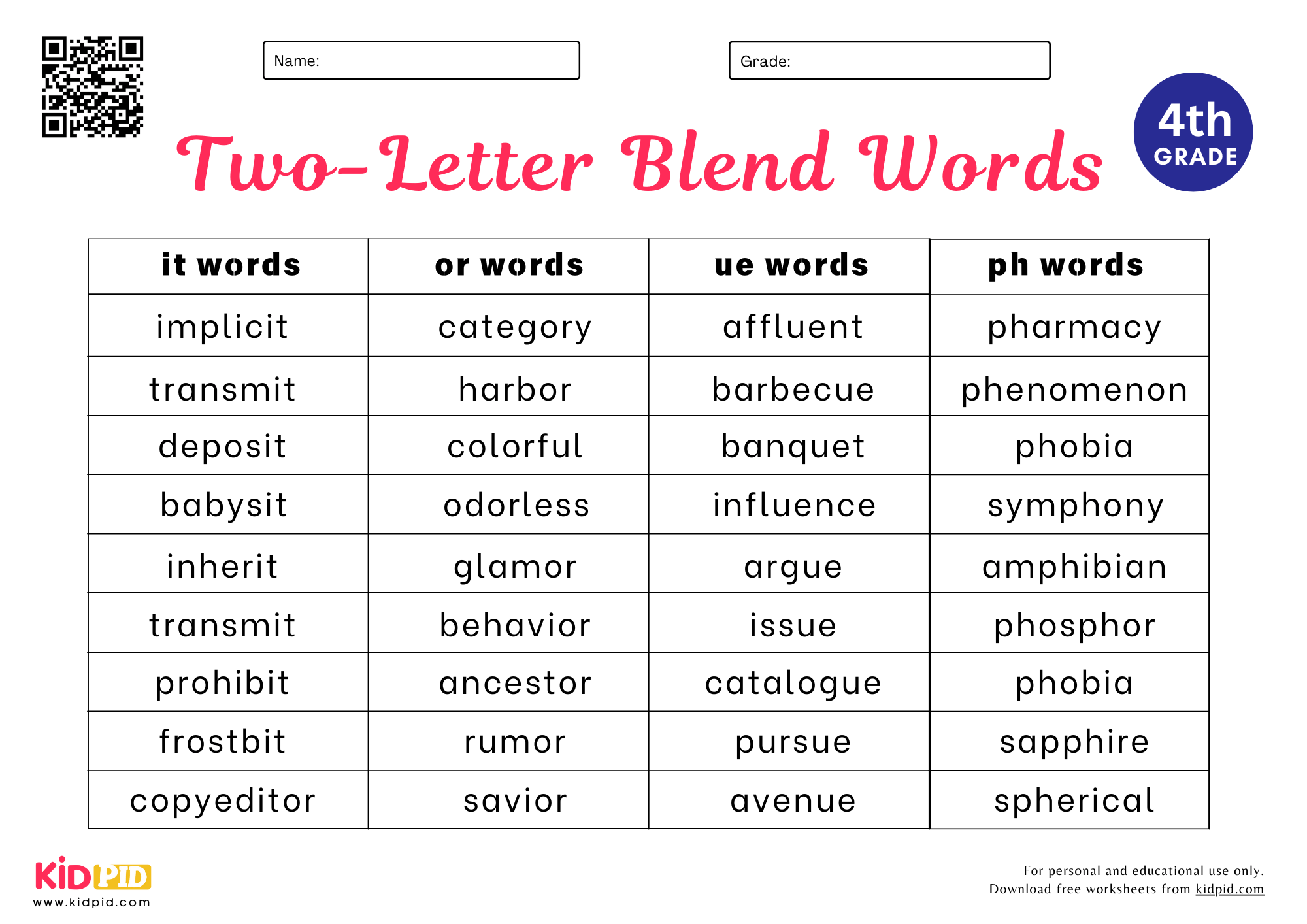 Two Letter Blend Words Spelling List Worksheet For Grade 4 - Kidpid