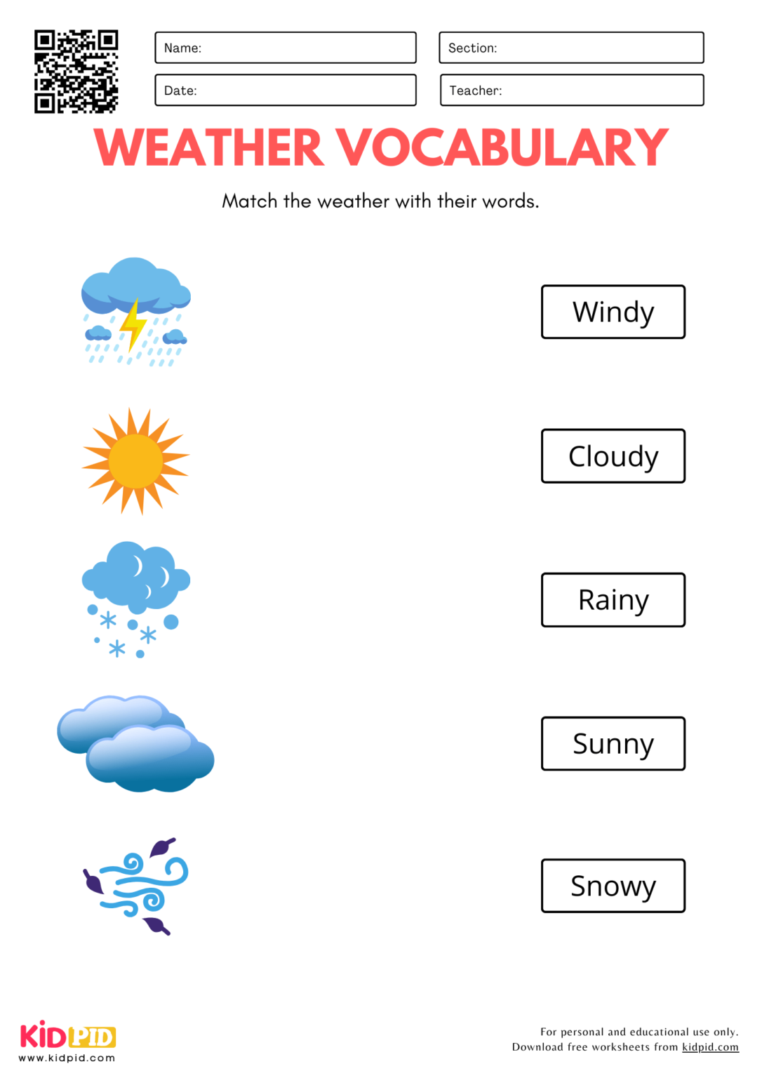 Weather Vocabulary Worksheet for Kindergarten - Kidpid