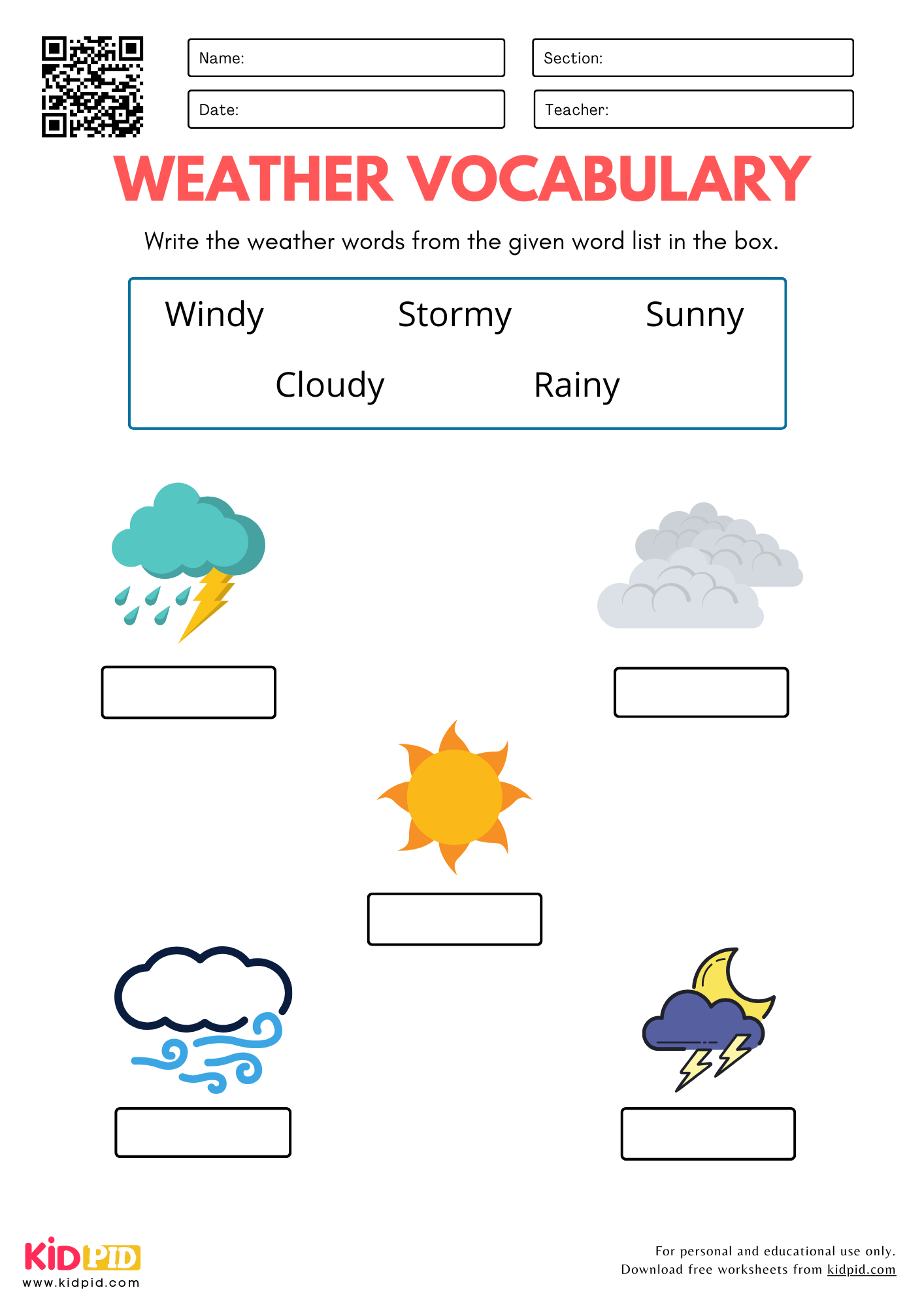 Weather Vocabulary Worksheet for Kindergarten - Kidpid