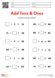 Adding Whole Tens & Ones - Missing Addend Worksheets For Grade 1 - Kidpid