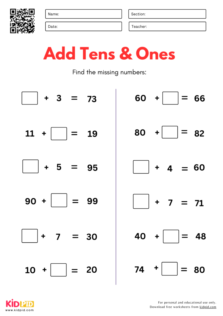 Adding Whole Tens & Ones - Missing Addend Worksheets For Grade 1 - Kidpid