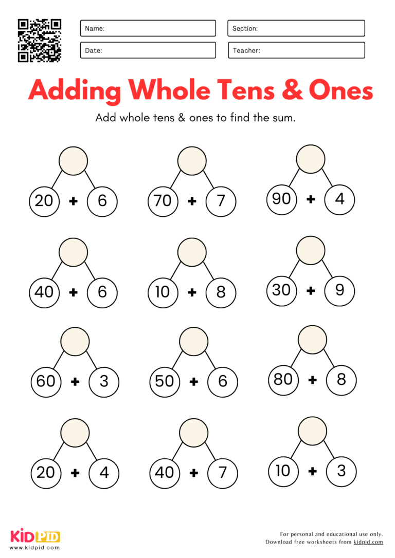 Adding Whole Tens & Ones Place Value Worksheets Grade 1 - Kidpid