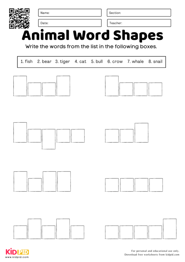 Animal Word Shapes Worksheet For Grade 1 - Kidpid