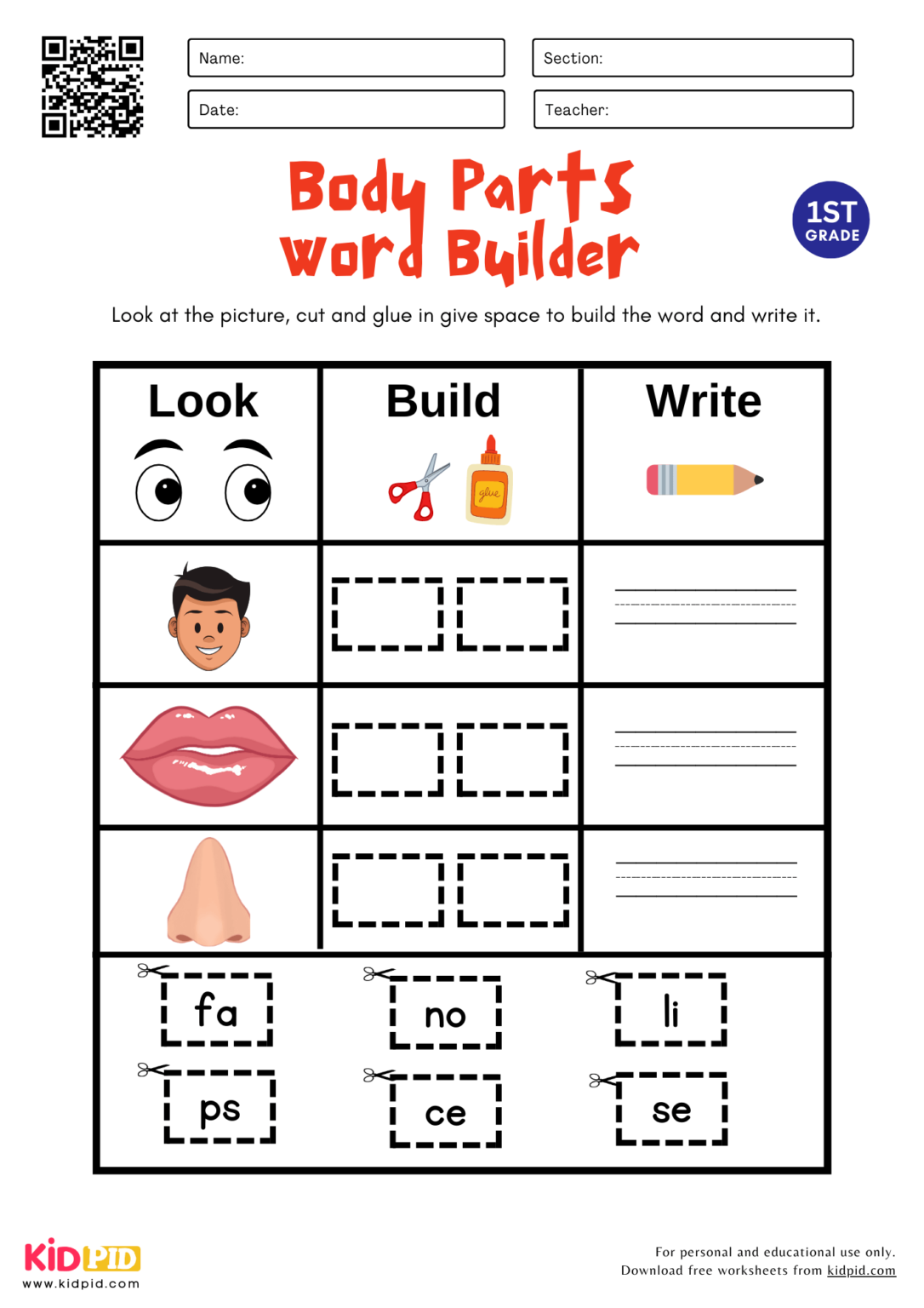 Body Parts Word Builder Worksheet For Grade 1 - Kidpid